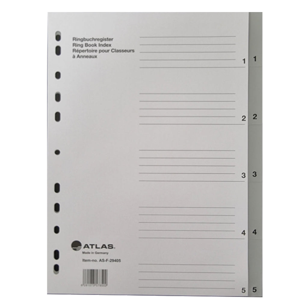 Atlas Divider Plastic PVC Grey A4, with numbers 1- 5 – stockpoint